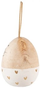 Dřevěná bílo-hnědá oválná dekorace králíčka ve tvaru vajíčka – 6x14 cm