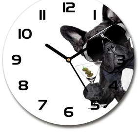 Wallmuralia Skleněné hodiny kulaté Pes s martini fi 30 cm