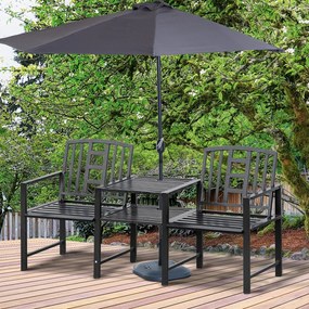 Outsunny Moderní zahradní lavice pro 2 osoby s stolem a otvorem na slunečník, venkovní nábytek 165x56x85,5cm Černá