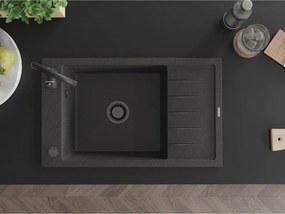 Mexen Elias granitový dřez 1-komorový s odkapávačem 795 x 480 mm, černý skvrnitý, černý sifon - 6511791005-76-B