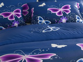 Sada mikroplyšového povlečení VIOLET BUTTERFLY tmavě modré + prostěradlo mikroplyš SOFT 90x200 cm bílé, jednolůžko