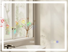 HOMCOM LED koupelnové zrcadlo Bluetooth 90 x 70 cm dotykový spínač, stmívatelné světlo 3 barvy, protimlž, paměť, stříbrné
