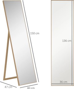 HOMCOM Stojací zrcadlo s dřevěnou strukturou Zrcadlo v plné délce Toaletní zrcadlo Make-up zrcadlo Stříbrná světle hnědá 40 x 35 x 147 cm do ložnice …
