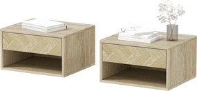 HOMCOM Sada 2 moderních závěsných nočních stolků s šuplíkem a otevřenou přihrádkou, 37x32x21 cm, přírodní dřevo