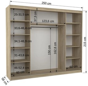 Šatní skříň s posuvnými dveřmi Denis - 250 cm Barva: dub Sonoma