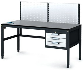 Antistatický dílenský ESD stůl s perfopanelem, 3 zásuvkový box na nářadí, 1600x800x745-985 mm