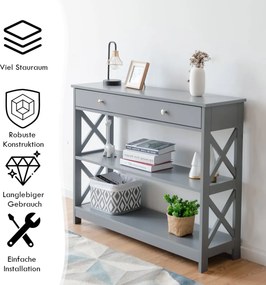 Costway Konzolový stůl 3 úrovně se zásuvkou ze dřeva – 100 × 30 × 80 cm, šedá
