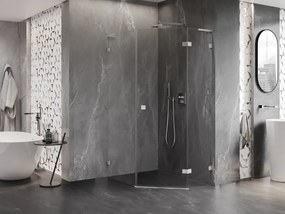 Mexen Lunar, L pravý výklopný pětiúhelníkový sprchový kout 90x100 cm, 8mm čiré sklo, ocelový profil, 831L-090P-100L-97-00-P