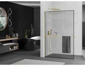 Mexen Kioto+ L, sprchová zástěna Walk-In s poličkou a věšákem 50 x 200 cm, 8mm čiré sklo černý vzor, ​​zlatý lesklý profil, 800-050-123-50-70