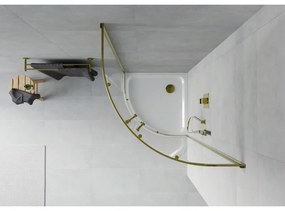 Mexen Rio, čtvrtkruhový sprchový kout s posuvnými dveřmi 80 (dveře) x 80 (dveře) x 190 cm, 5mm čiré sklo, zlatý profil + bílá sprchová vanička SLIM, 863-080-080-50-00-4110G