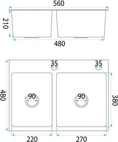 Dřez 2 komory, nerez REA TOBY 56x48 cm, černá