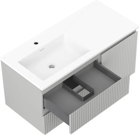 Mexen Rivel, koupelnová skříňka 100 cm s levým umyvadlem Otis, 2S, 1D, drážkovaná, šedá matná/bílá matná - 91A23-10047-3-BBFFF62-W18L01