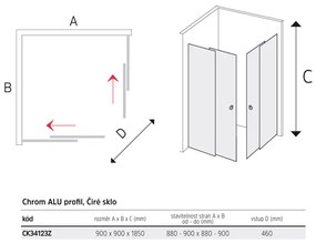 Mereo Kora Lite sprchový kout čtvercový 90 x 90 x 185 cm aluchrom sklo čiré CK34123Z