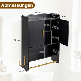 Costway Závěsná koupelnová skříňka 2 dveře police držák na – 55 x20 x80 cm