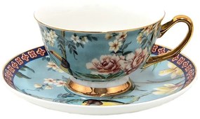 Modrý porcelánový šálek s podšálkem s květy a Tukanem - 12*10*6 cm / Ø 15*2 cm / 200 ml