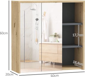 HOMCOM Koupelnová skříňka s zrcadlem - Nástěnná koupelnová skříňka se zrcadlem a policemi, moderní styl 60x20x60 cm, přírodní dřevo