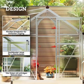 Outsunny hliníkový skleník 2,51 m² — 190 × 132 × 201 cm s pozinkovaným podstavcem, střešním větráním, posuvnými dveřmi, 4 mm UV-odolnými polykarbonát…