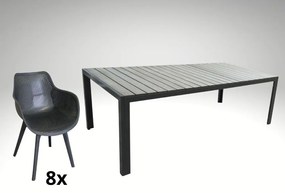 Hliníkový set: stůl Jerry 220cm tmavě šedý a 8 designových křesel Jasper