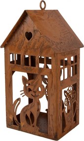 Rezavý svícen ve tvaru domku s kočkami Rustic Charm - 10*11*20 cm