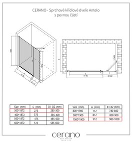 CERANO - Sprchové křídlové dveře Antelo s pevnou částí L/P - chrom, transparentní sklo - 100x30 cm