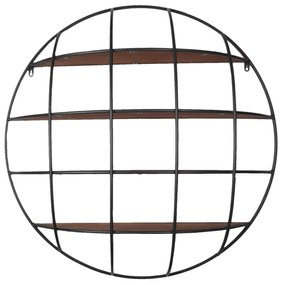 Černý kovový kulatý nástěnný stojan s dřevěnými poličkami - 91*20 cm