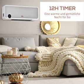 HOMCOM Topný ventilátor na stěnu 2000W s dálkovým ovládáním, 3 režimy provozu, LED displej, 12hodinový časovač 820-252V90