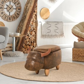 HOMCOM Úložný Otoman ve Tvaru Bison, Moderní Stolička do Obývacího Pokoje, Polstrované Sedátko, Dřevěný Rám, 62x35x36cm, Hnědá