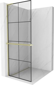 Mexen Kioto+ L, sprchová zástěna Walk-In s poličkou a věšákem 70 x 200 cm, 8mm čiré sklo černý vzor, ​​zlatý matný profil, 800-070-123-55-77