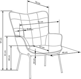 Designové křeslo CASTEL — kov, látka, černá / hořčicová