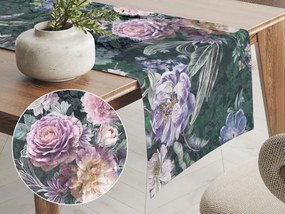 Biante Dekorační běhoun na stůl BM-010 Velké fialové květy na tmavě zeleném 35x120 cm