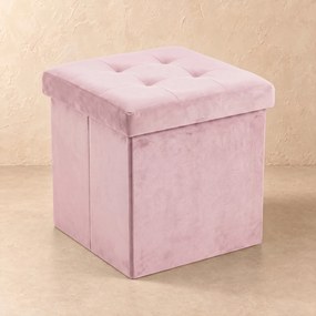 Taburet s úložným prostorem, sametový, skládací, 38 × 38 × 38 cm, růžový