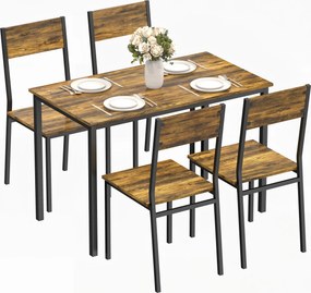 HOMCOM Jídelní set se 4 židlemi, kuchyňský stůl pro 4 osoby, kovové nohy, rustikální hnědá