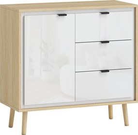 HOMCOM Moderní sideboard se 3 zásuvkami a skříní, nastavitelná vnitřní police a lesklé dveře, bílé a dubové