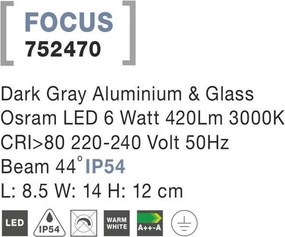 NV 752470 Venkovní reflektor FOCUS tmavě šedý hliník a sklo Osram LED 6W 3000K 220-240V 44st. IP54 - NOVA LUCE