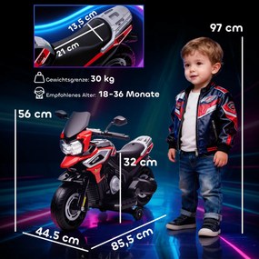 AIYAPLAY Elektro-motorka pro děti od 18 do 36 měsíců, vozidlo na ježdění, pomocná kolečka, světla, hudba, plast, ocel, červená