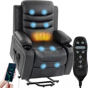 HOMCOM elektrické relaxační křeslo s funkcí vstávání, vibrační masáží a teplem, USB připojení, dálkové ovládání, černá