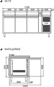 Tefcold GC73 LEFT (32361) - Chladicí stůl nerezový 3-dveřový 180 cm, levý, ventilovaný, bez pracovní desky