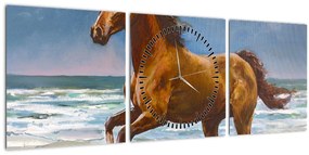 Obraz koně na pláži (s hodinami) (90x30 cm)