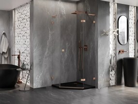 Mexen Lunar, L výklopný pětiúhelníkový sprchový kout pravý 90 x 90 cm, 8mm čiré sklo, profil měděná matná, 831L-090P-090L-65-00-P