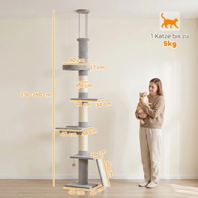 PawHut Škrabadlo do stropu 230–260 cm výškově nastavitelné Kočičí strom s 5 patry 3 silné sisalové škrabadla, sisalová škrabadlová deska