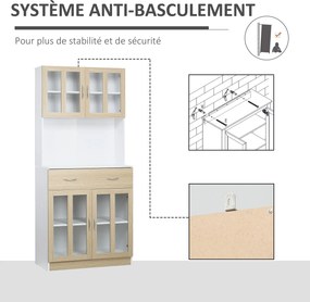 HOMCOM Vysoký kuchyňský bufetový skříň s vícerozměrným úložným prostorem, 4 skleněné dveře, bílé dřevo s posuvnou zásuvkou a širokou plochou v vzhled…