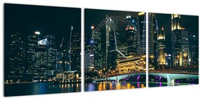 Obraz nočního Singapuru (s hodinami) (90x30 cm)