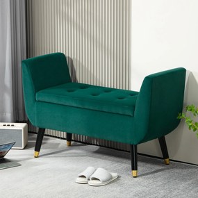 HOMCOM Luxusní sedací lavice Čalouněná lavice s úložným prostorem Područky Truhlicová lavice Sametový polyester kaučukovník Zelená 107 x 42 x 65 cm