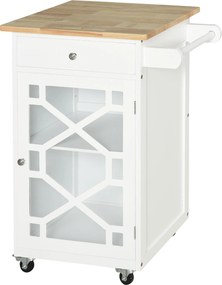 HOMCOM Servisní vozík - kuchyňský vozík na kolečkách - zásuvka, skříňka, držák na utěrky - rozměry 63L x 45W x 86H cm - bílá dřevěná konstrukce