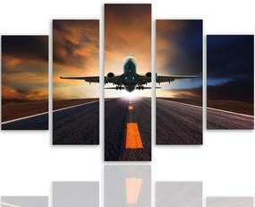 Obraz na plátně pětidílný Letadlo při západu slunce - 100x70 cm