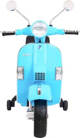 Ramiz Elektrický skútr Vespa pro děti modrý + pomocná kolečka + audio + ekokůže + EVA + plynulý start