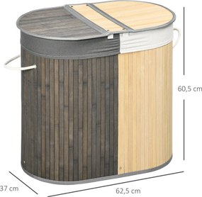 HOMCOM Koš na prádlo z bambusu s kapacitou 100L a víkem, s odnímatelným pytlem se 2 přihrádkami 62,5x37x60,5 cm Šedý a přírodní