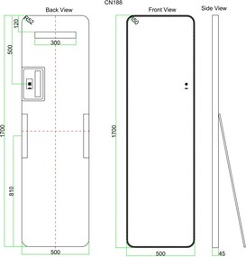 Mereo, Mereo Zrcadlo hranaté 500x1700 mm, LED osvětlení, závěsné i stojaté, černý rám, MER-CN188