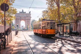 DIMEX | Samolepicí vliesová fototapeta na zeď Vintage tramvaj MA-5-1238 | 375 x 250 cm | zelená, oranžová, hnědá, šedá