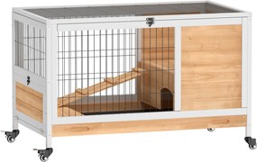 Dřevěný králičí výběh PawHut pro malé domácí zvířata, přenosný s otevíracím střešním rampou, odnímatelným táckem pro morčata 90x53x59 cm, přírodní a …